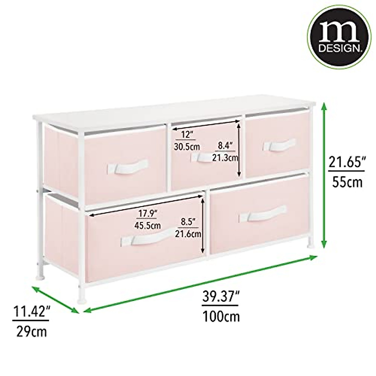 mDesign Wide Steel Frame/Wood Top Storage Dresser Furniture with 5 Fabric Drawers, Large Bureau Organizer for Baby, Kid, and Teen Bedroom, Nursery, Playroom, Dorm - Jane Collection, Pink/White, Pack of 1