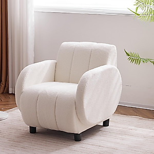 SUNWAVE Accent Chair with Round Armrest and Wood Legs, Soft Teddy Fleece Reading Chair, Boucle Chair for Living Room, Bedroom, Office, Single Sofa Lounge Club Chair