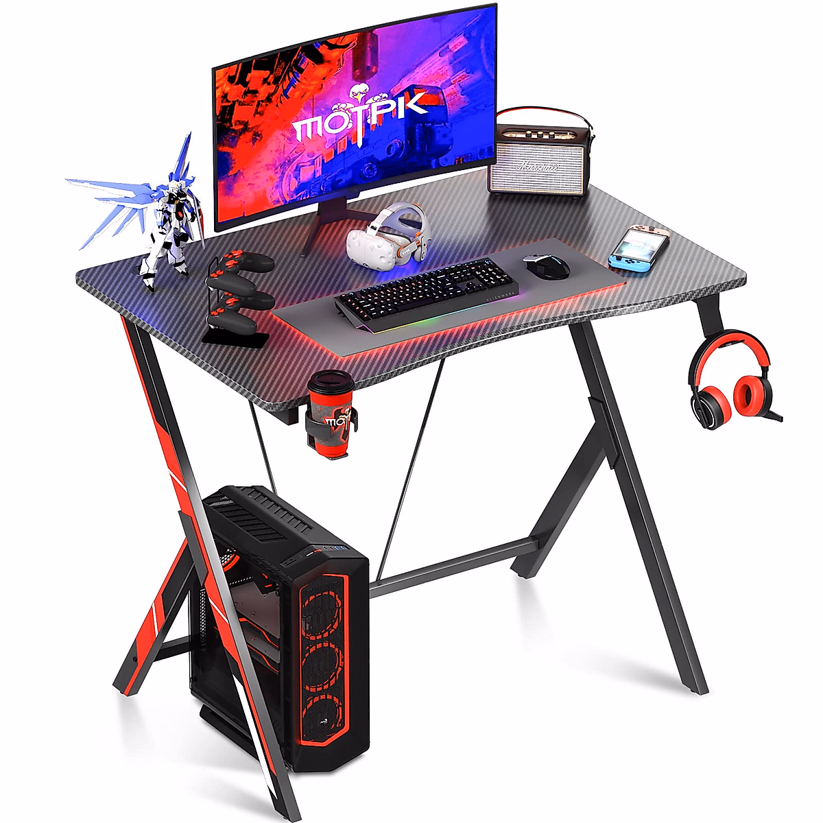 MOTPK Gaming Desk 31 inch, Small Gaming Desk for Kids, Gift Idea, PC Computer Desk, Home Office Desk Workstation with Carbon Fiber Surface, Gaming Table with Headphone Hook and Cup Holder