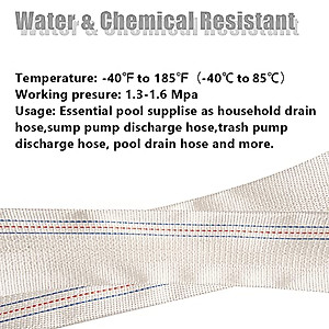 QuQuyi 1.25" x 62 FT Heavy Duty Reinforced PVC Swimming Pool Backwash Hose, General Purpose Lay-Flat Water Discharge pipe for Water Transfer Applications, White