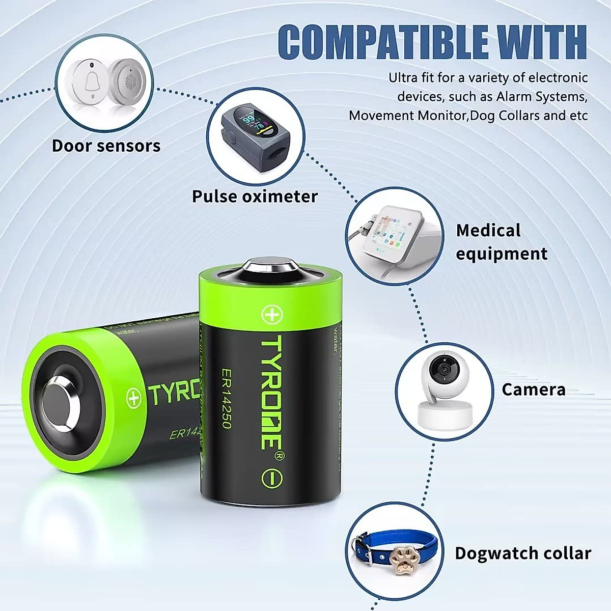 Tyrone ER14250 Battery [ 1/2 AA Size ][ 10 Pack ][ LS 14250 3.6V 1200 mAh Lithium Non Rechargeable ], Batteries Compatible for Dog Watch Fence Collars and Some of Baby Movement Monitor/Alarm Systems