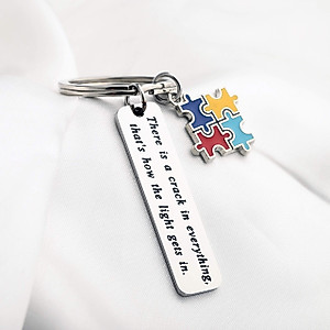 FUSTMW Autism Awareness Keychain Gift Puzzle Piece Charm Autism Mom Inspirational Gift for Autistic Teen There is a crack in everything that is how the light gets in (silver)