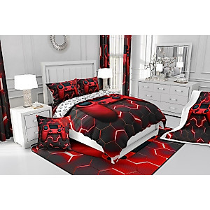 Erosebridal Full Size Boys Gamepad Comforter Cover,Modern Fashion Red Gaming Controller Printed Duvet Cover,Gamer Video Games Decorative 3 Piece Bedding Set with 2 Pillow Cases,Black