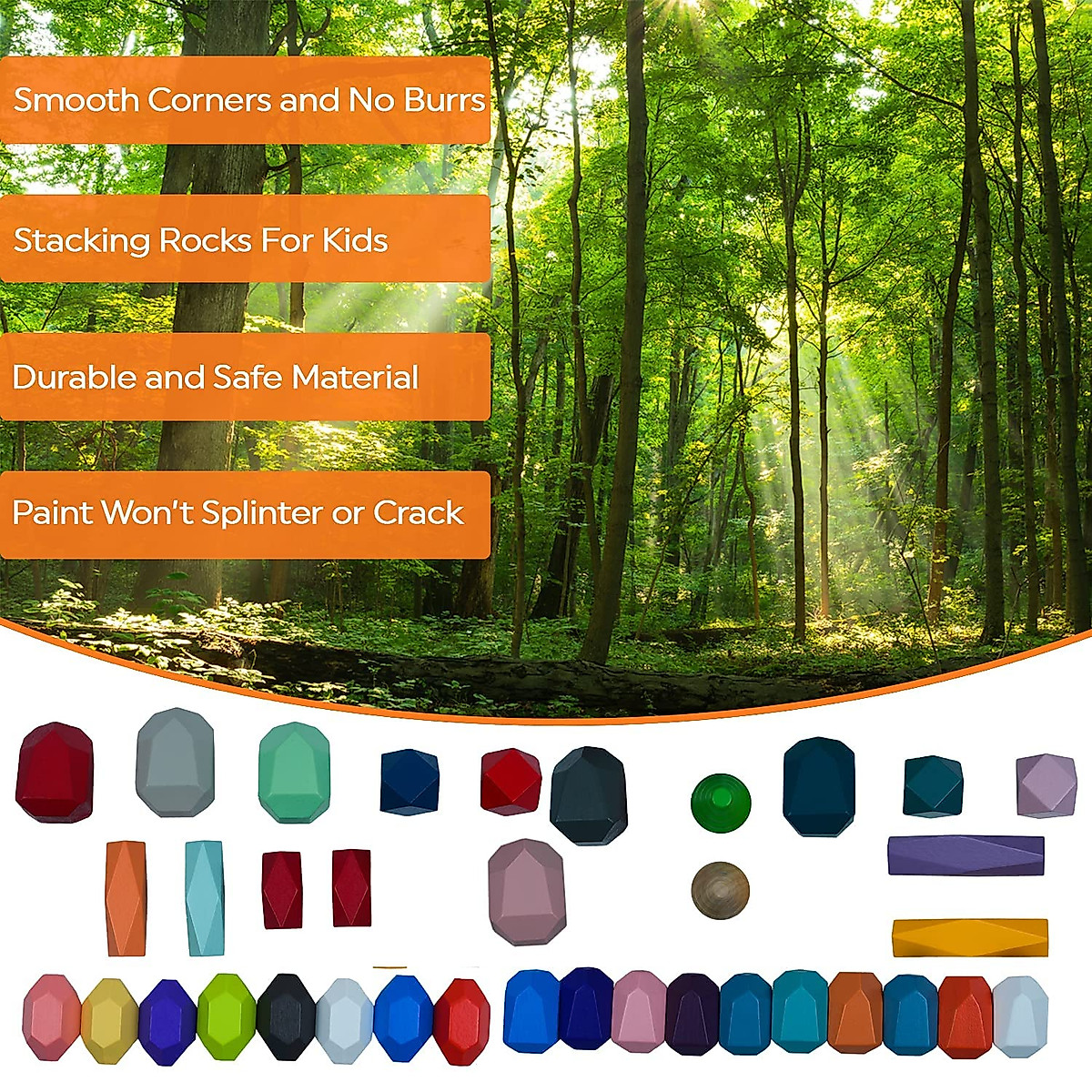 Ghims Kids Stacking Toys, 36 PCS Wooden Stacking Toys, Montessori Stacking Toys for Toddles, Balancing Stone Rocks Building Blocks Educational Preschool Toys, Colorful Game Lightweight Puzzle Set