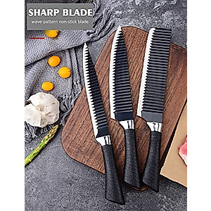 GAJING 6PCS Non-stick Black Kitchen Wavy Pattern Lightweight Knife Set with Ergonomic Handle Includes Chef Knife,Carving Knife,Slicer,Paring knife,Peeler and a pair of scissors