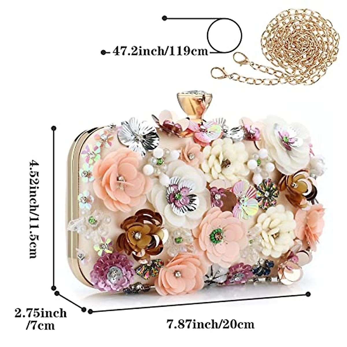 Women's Floral Evening Clutch Bag with Flower Metal Rhinestones for Women Wedding Prom Party 3D Sequins Evening Handbag (Apricot)
