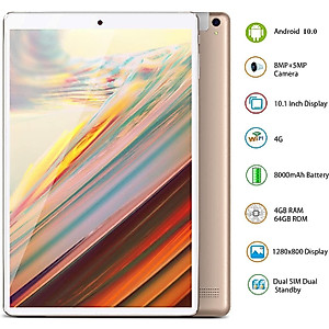 2 in 1 Tablets 10 Inch, Android 9 Tablet PC with Wireless Keyboard Case, 4GB RAM 64GB ROM/128GB Computer Tablets, Quad Core, HD/IPS, 8000mAh, Dual 4G SIM/WiFi (Gold)
