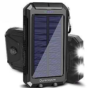 Solar Charger, 20000mAh Portable Outdoor Waterproof Solar Power Bank, Camping External Backup Battery Pack Dual 5V USB Ports Output, 2 Led Light Flashlight with Compass (Black)