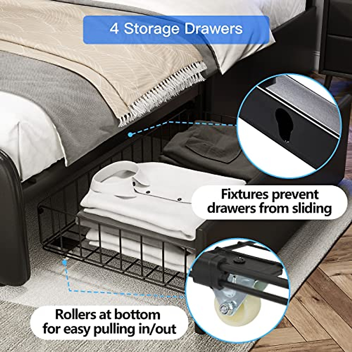 FORABAMB Full Size Bed Frame with LED Lights and USB Ports, Upholstered Platform Bed Frame with Adjustable Headboard and 4 Storage Drawers, No Box Spring Needed,Noise Free, Black