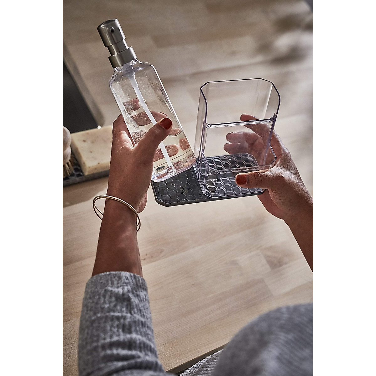 Spectrum Diversified Hexa Sponge & Brush Kitchen Organizer with Refillable Soap Pump, Sponge & Dish, Easy-Clean Sink Organization & Dish Brush Holder with Removable Base, Clear & Gray