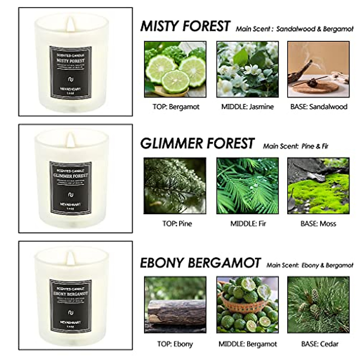 NEVAEHEART Candles for Home Scented, 3.5OZ x 3 Packs Scented Candle Set, Misty Forest | Glimmer Forest | Ebony Bergamot, Candle Gift Set for Women, Natural Soy Wax, Home Fragrance with Gift Box