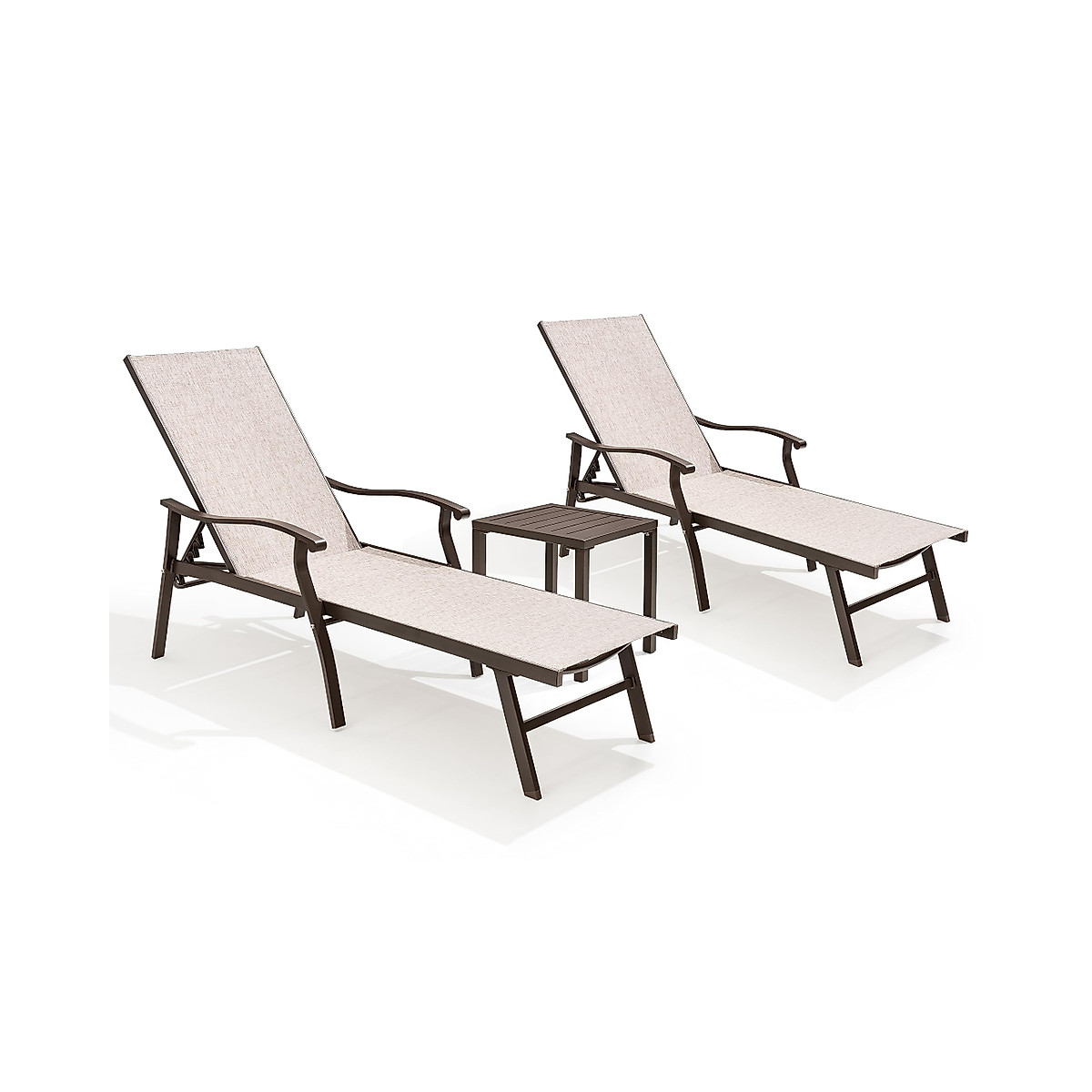 Crestlive Products Aluminum Chaise Lounge Set of 3,Patio Lounge Chairs Five-Position and Full Flat Outdoor Recliner All Weather for Patio, Beach, Yard, Pool (3PCS Beige)