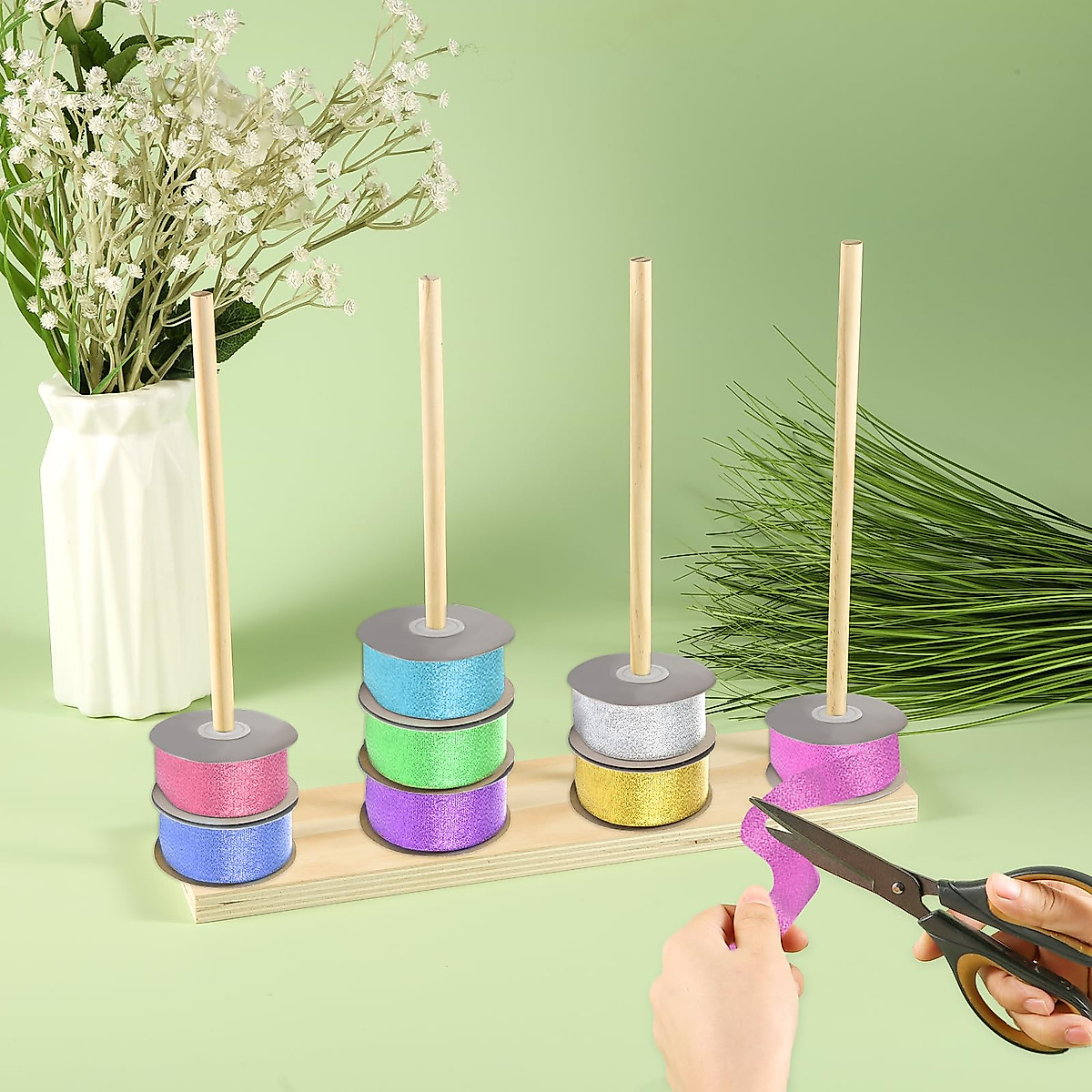 Wood Ribbon Organizer, Ribbon Storage Rack Ribbon Spool Holder Thread Spool Organizer for Sewing Storage Craft Room Yarn Florist Arts Wrapping Craft Gift