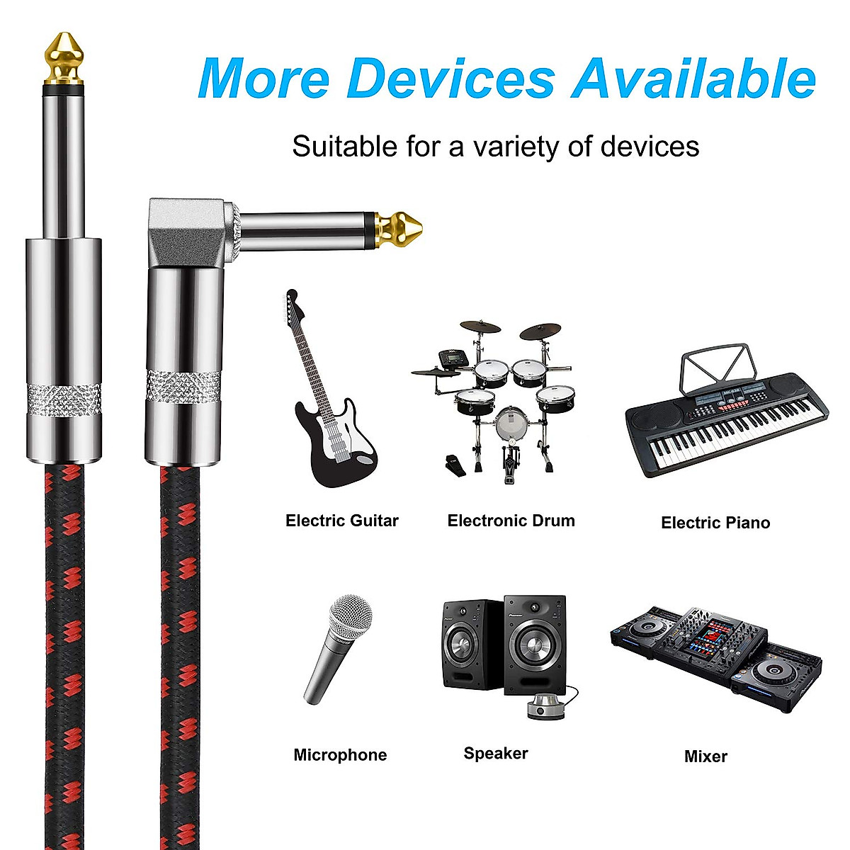 Guitar Instrument Cable 10 Foot 1/4 inch Straight to Right Angle Noise Reduction Audio Cord 6.35 mm for Electric Guitar Bass Keyboard Drum Speaker Microphone 2 Pack