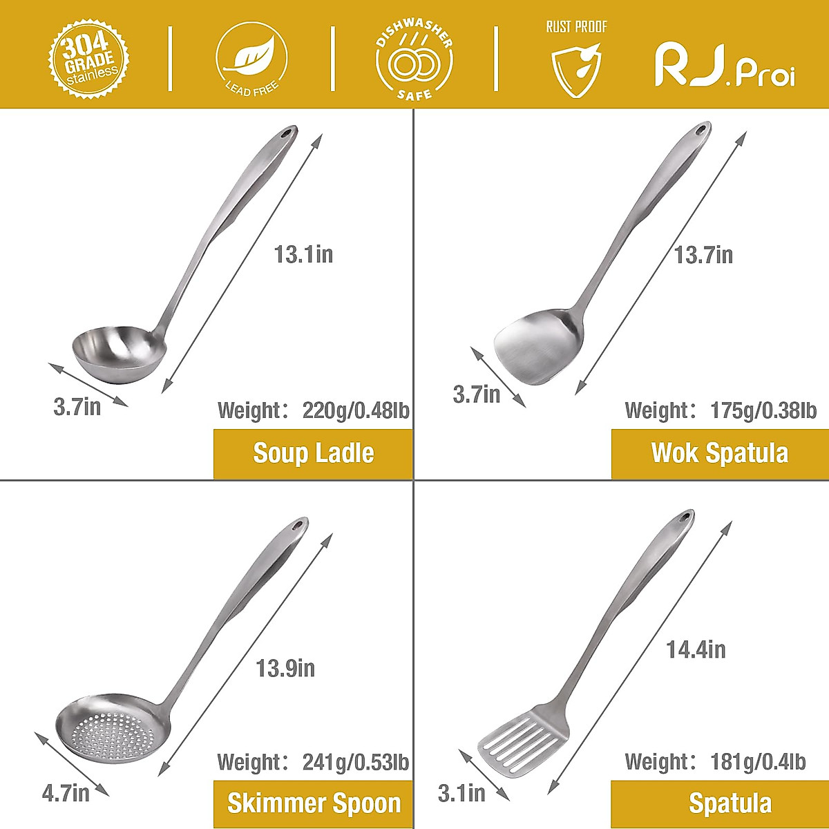 4-Piece Kitchen Utensils Set, Cooking Utensils 304 Stainless Steel Kitchen Gadgets with Spatula, Soup Ladle, Wok Spatula, Skimmer Spoon, Heat Resistant Handle and Dishwasher Safe