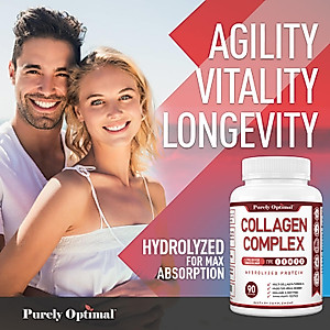 Purely Optimal Premium Multi Collagen Peptides Capsules (Types I, II, III, V, X) - Hair, Skin and Nails, Digestive & Joint Health Supplement, Hydrolyzed Collagen Pills (90 Capsules)