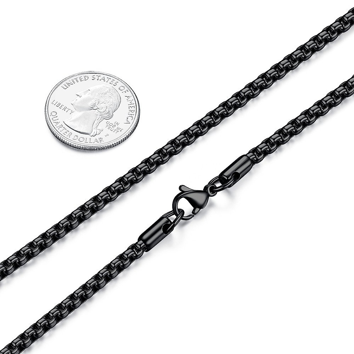 FOSIR Mens Womens 4mm Stainless Steel Black Rolo Chain Necklace, Round Box Chains for Men (30 Inch)