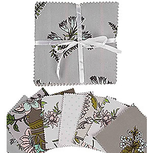 Soimoi Florals Print Precut 5-inch Cotton Fabric Quilting Squares Charm Pack DIY Patchwork Sewing Craft- Light Gray