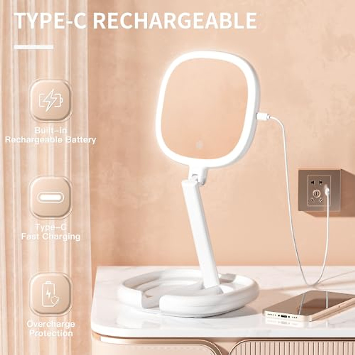 Beautifive Makeup Mirror with Light and Magnification, 10X/1X Light Up Makeup Mirror Travel Lighted Make Up Mirror with Adjustable Height Double Sides Folding Magnifying Mirror with Light