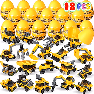 Kiddokids 18 Pcs Filled Easter Eggs with Construction Vehicles Building Blocks Toys, Easter Eggs Prefilled for Easter Theme Easter Eggs Hunt, Basket Stuffers Fillers (3.15inch)