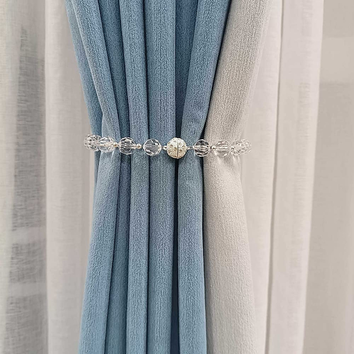 Magnetic Curtain Tiebacks Decorative Curtain Holdbacks, glrovazas 2Pcs 16 Inch Long Durable Crystal Tie for Curtains Curtain Holders for Window Draperies Simplicity Elegance