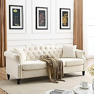 79" Velvet Chesterfield Sofa for Living Room,3 Seater Sofa Button Tufted Nailhead Trimming Curved Backrest Rolled Arms with Wood Legs with 2 Pillows,Bedroom,Office (Beige Velvet, 79*30*32")