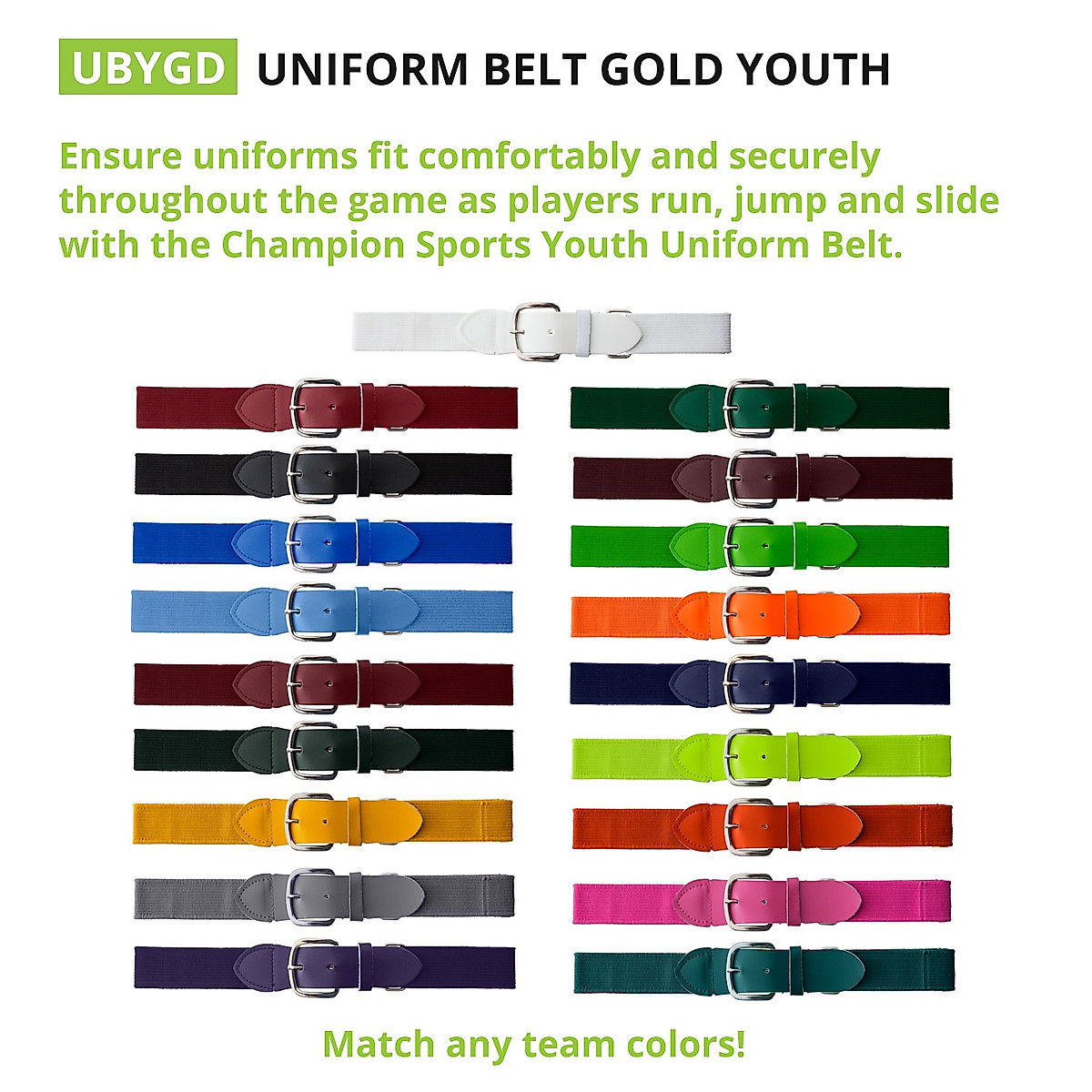 Champion Sports Baseball/Softball Uniform Belt - Comfort Stretch Fit Uniform Belt - Durable Syntex Tab - Youth: 18"-32" - Golden Yellow