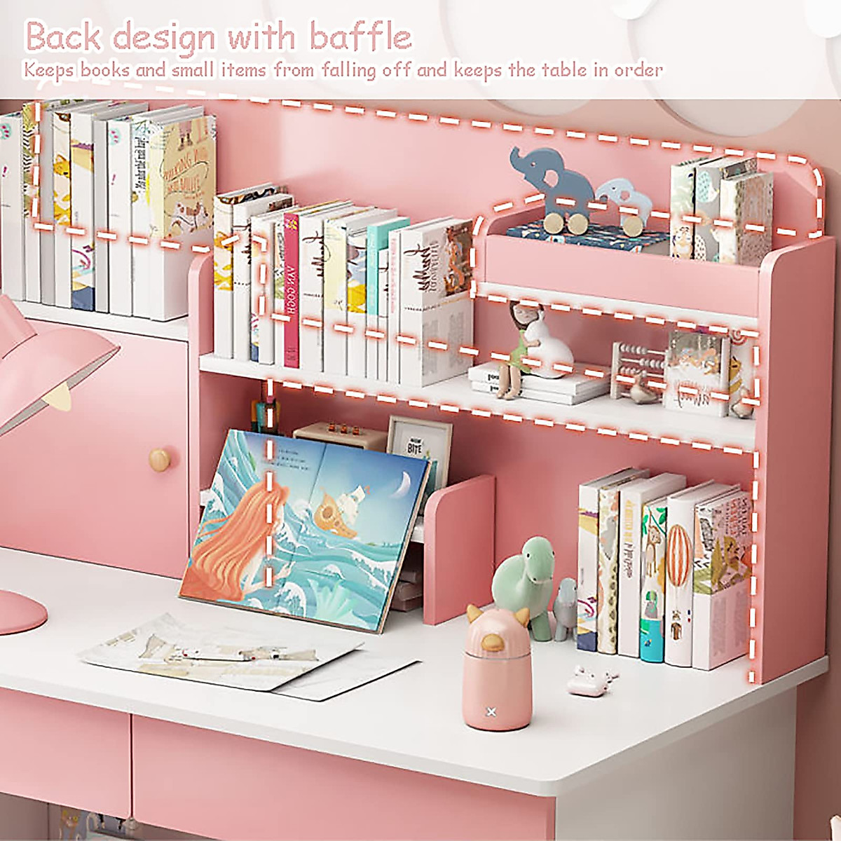 QQXX Cute k*id-s Study Desk with Chair,Wooden Ergonomics Study Desk Table with Drawer and Storage Shelf,Computer Workstation with Bookshelf Hutch,Multi Function Desk and Chair Set for Boys and Girls