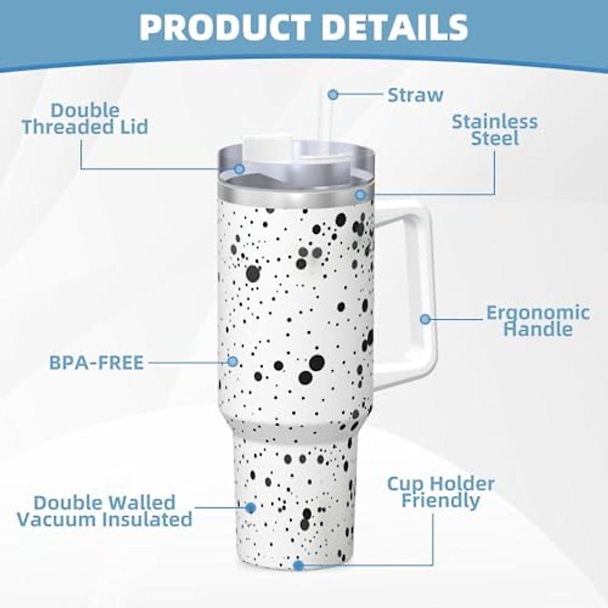 HULIBIN Black And White Dot Print Double Deck Stainless Steel Travel Coffee Cup With Lid 40 Oz Ice Bully Cup