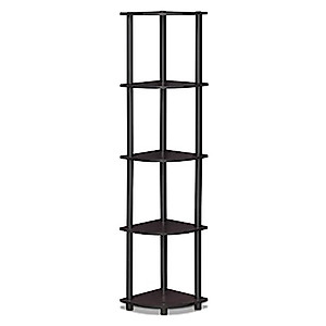 Furinno Pasir 3-Tier Open Shelf Bookcase, Espresso & Turn-N-Tube 5 Tier Corner Display Rack Multipurpose Shelving Unit, 1-Pack, Dark Walnut