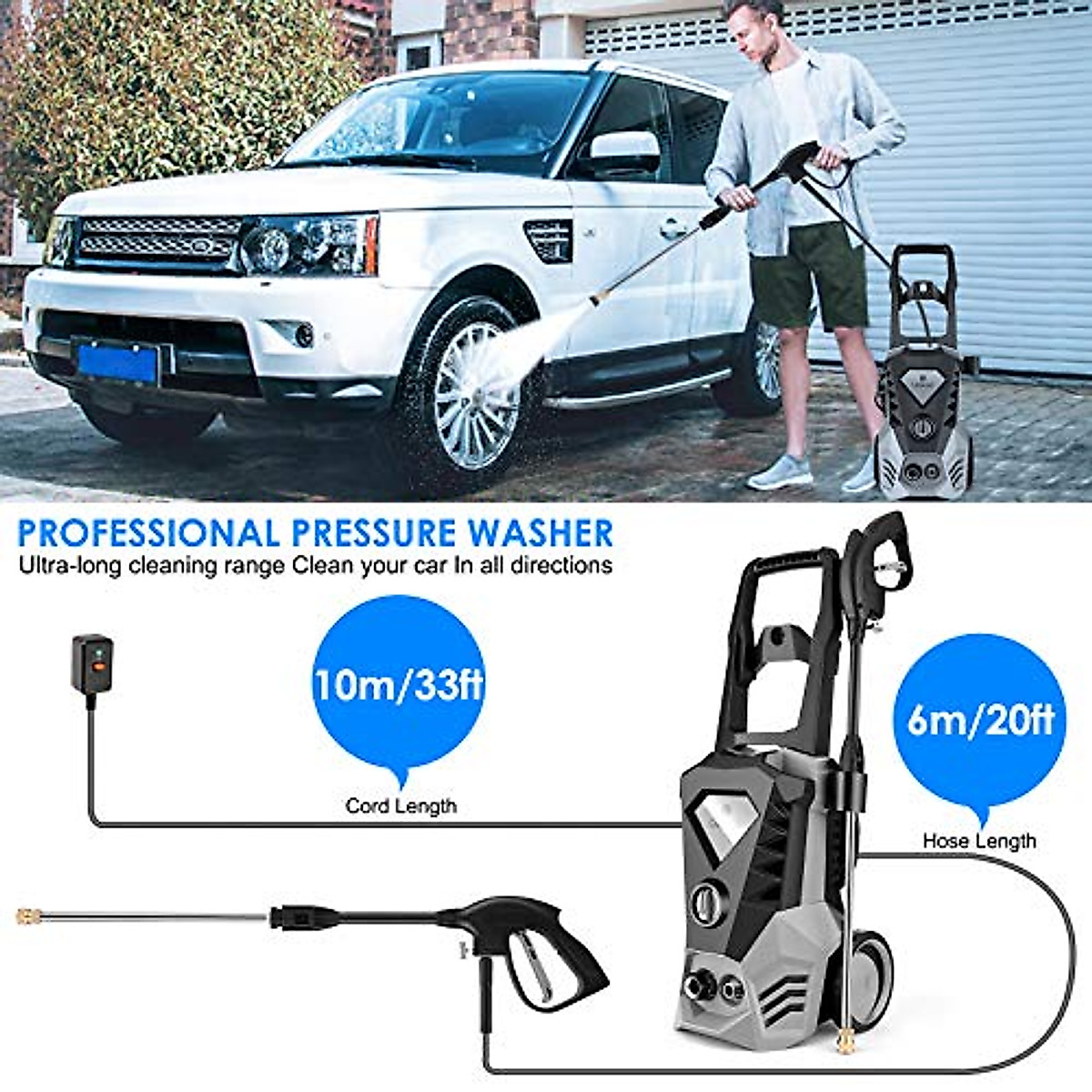 Electric Pressure Washer 1800W Power Washer with 5 Nozzles, Hose Reel, High Pressure Cleaner for Fences,Patios,Garden (Wisdom Grey)