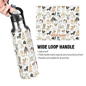 ALAZA Custom Dog Puppy Print Water Bottle with Name for Kids Girls with Straw Personalized Insulated Stainless Steel Water Flask Thermos for School Sport 20 Ounce
