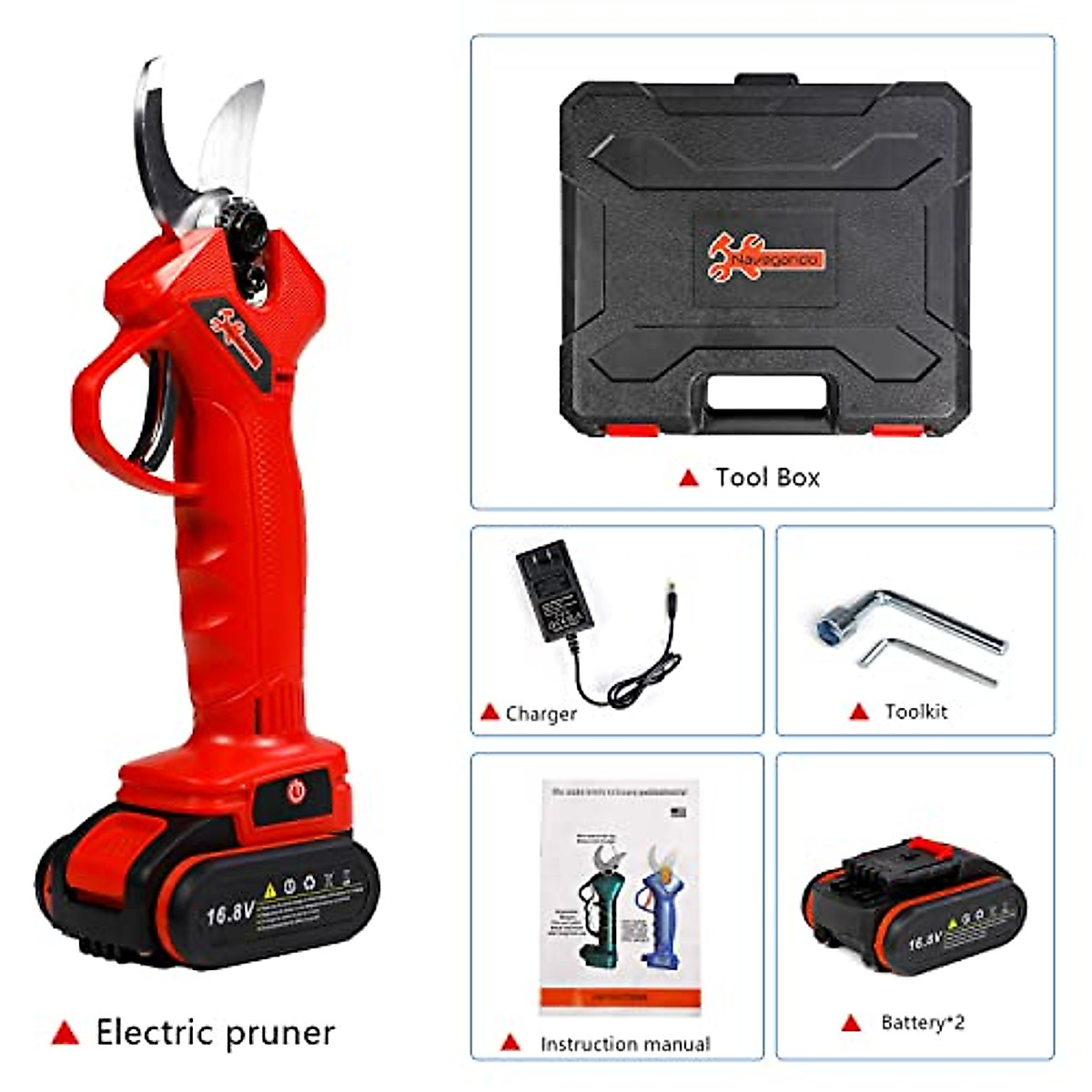 Navegando Electric Pruner Shears with 2 PCS Backup Rechargeable 16.8V 2Ah Lithium Battery Powered Tree Branch Pruner Professional Cordless Pruning Shears