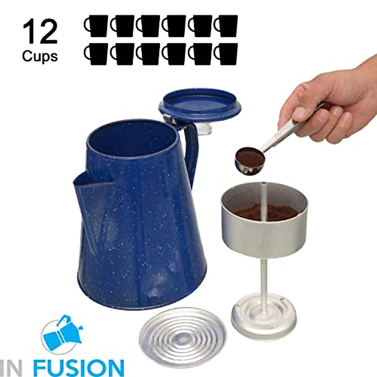 Camping Coffee Percolator - Enamel Coating Gloss Finish And Glass Cap For Backpacking, Campsite, Kitchen And FireCoffee Pot Makes 12 Cups - Comes With Basket For Grounds And Stainless Steel Spoon