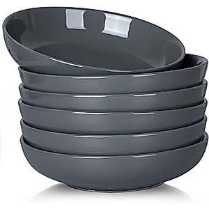 GlowSol Elegant Grey 8" Large Salad Serving Bowls, Ceramic Plates, Soup Bowls, Porcelain Pasta Bowls Set of 6, Microwave Dishwasher Safe, Wide and Flat Bowls