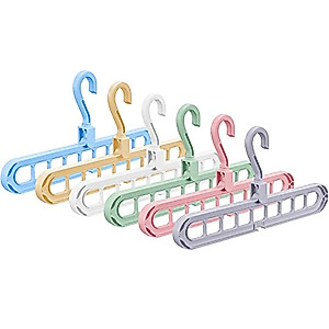 Space Saving Hangers for Clothes - 6 in Pack, Multicolor, Heavy Duty Plastic Hanger Organizer with 9 Holes for Closet - Multipurpose Essential Space Saver Organizers for Home, College Dorm Room