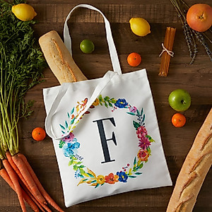 Okuna Outpost Set of 2 Reusable Monogram Letter F Personalized Canvas Tote Bags for Women, Floral Design (29 Inches)