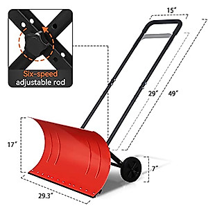 Aomedeelf Snow Shovel for Driveway, Heavy Duty Metal Snow Shovels with Wheels for Snow Removal, Adjustable Handle 30-'' Wheeled Snow Pusher for Driveway, Doorway, Sidewalks, Black & Red