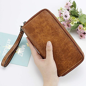 Autumnwell RFID Blocking Double Zipper Long Clutch Wallet Cellphone Wallet for Women with Hand Strap for Card, Cash, Coin, Bill (beige)