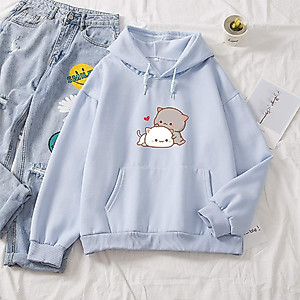 KEEVICI Women Kawaii Cartoon Cute Cat Graphic Casual Cotton Pullover Hoodies Sweatshirt Blue