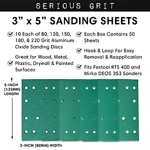 Serious Grit - 3" x 5" (80mm x 133mm) 14-Hole Sanding Sheet Assortment - 80, 120, 150, 180, 220 Grit (10 of Each) - Fits Festool RTS 400 & Mirka Deos 353 - Hook & Loop Sandpaper - 50 Pack Box
