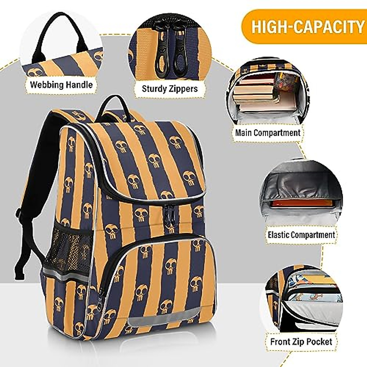 Sletend Large Capacity Printing Student Shoulder Bag for Children Teenagers Skull Stripe Laptop Bag School Bag for Work School, Men's and Women's Travel Backpack