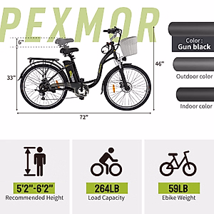 PEXMOR Electric Bike for Adults, 350W (Peak 500W) City Commuter Ebike w/36V 12.5AH Removable Battery, 26" Cruiser Electric Bicycle 6-Speed | Dual Shock Absorber, Complies to UL2849