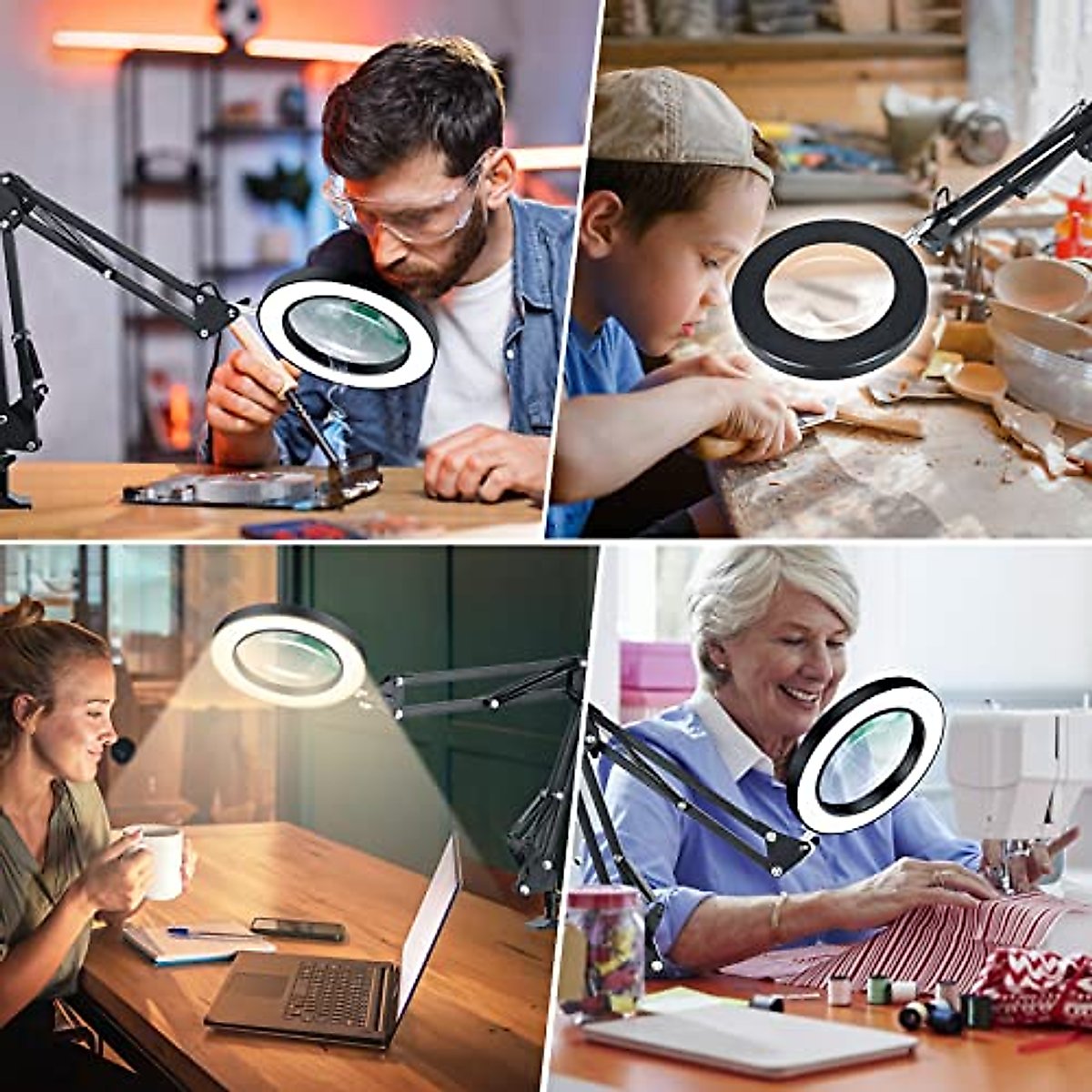 LED Magnifying Glass Desk Lamp with Clamp ,3 Color Modes 10 Levels Dimmable Adjustable Swivel Arm for Reading Rework Craft Workbench