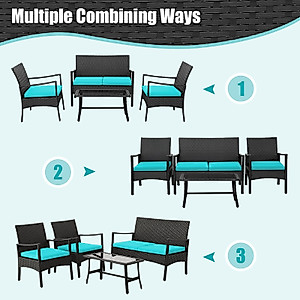 Tangkula 4 Pieces Rattan Conversation Set, Patio Sofa Couch Set with Tempered Glass Coffee Table, Seat Cushions, Outdoor Wicker Loveseat Set for Poolside, Courtyard, Balcony (1, Turquoise)