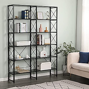 MELLCOM Double Wide 6-Tier Bookshelf, Industrial Open Large Bookcase, Wood and Metal Tall Bookshelves for Living Room Bedroom Office, Black