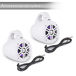 Pyle Waterproof Marine Wakeboard Tower Speakers - 4in Dual Subwoofer Speaker Set w/LED Lights & Bluetooth for Wireless Music Streaming - Boat Audio System w/Mounting Clamps PLMRLEWB47WB (White)