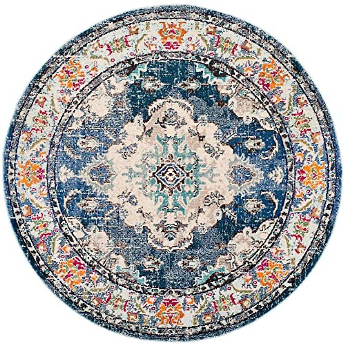 SAFAVIEH Monaco Collection Area Rug - 6'7" Round, Navy & Light Blue, Boho Chic Medallion Distressed Design, Non-Shedding & Easy Care, Ideal for High Traffic Areas in Living Room, Bedroom (MNC243N)