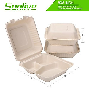 Sunlive 100% Home Compostable 50 Pack Disposable Clamshell Take Out Food Containers, 8X8'' 3-Compartment to go Containers, Biodegradable Heavy-Duty to go Boxes, Made of Sugarcane Fibers
