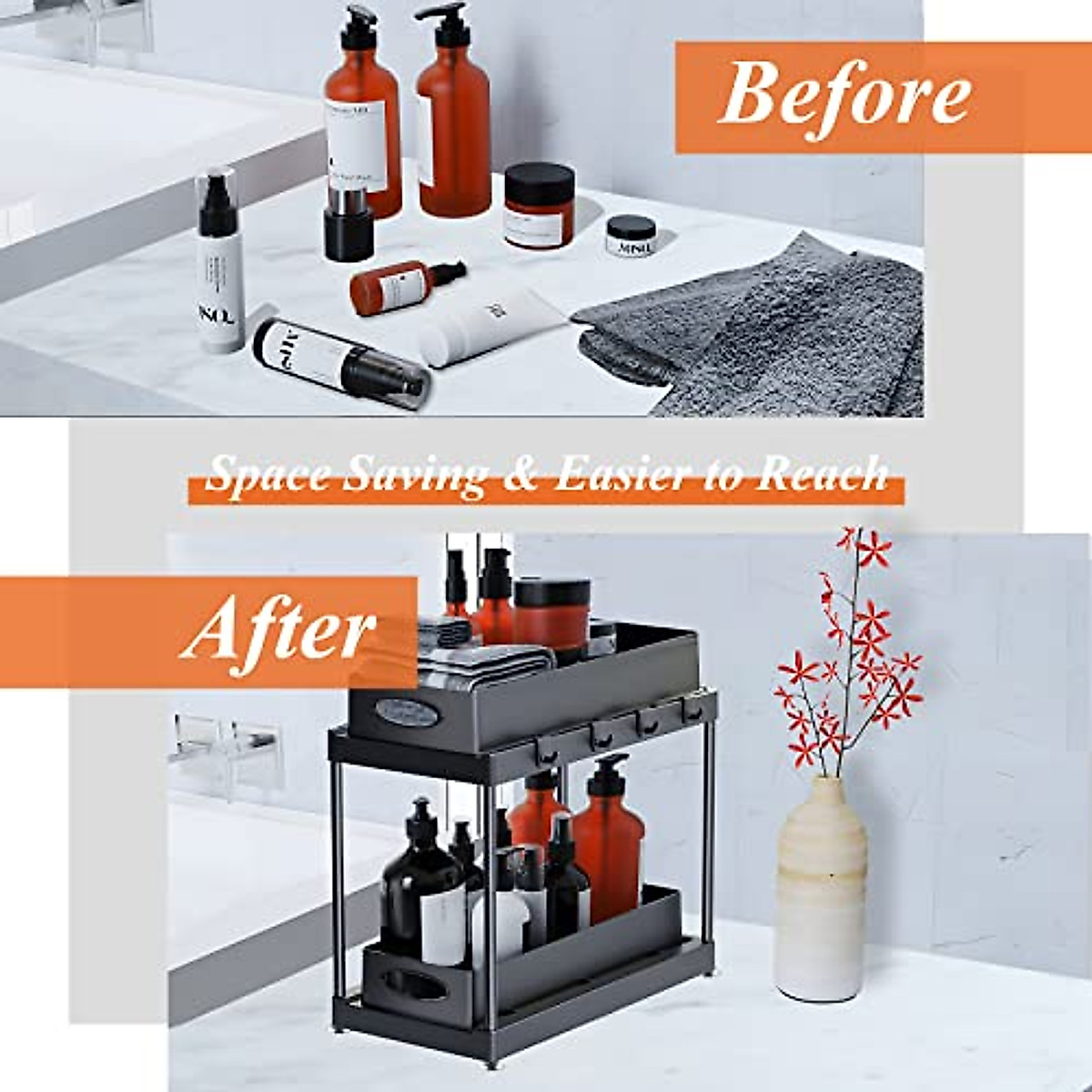 Pull Out Under Sink Organizers and Storage for Bathroom and Kitchen, 2 Tier Double Sliding Under Cabinet Storage Organizer with Hooks, Hanging Cup, Pull Out Double Shelf Drawer